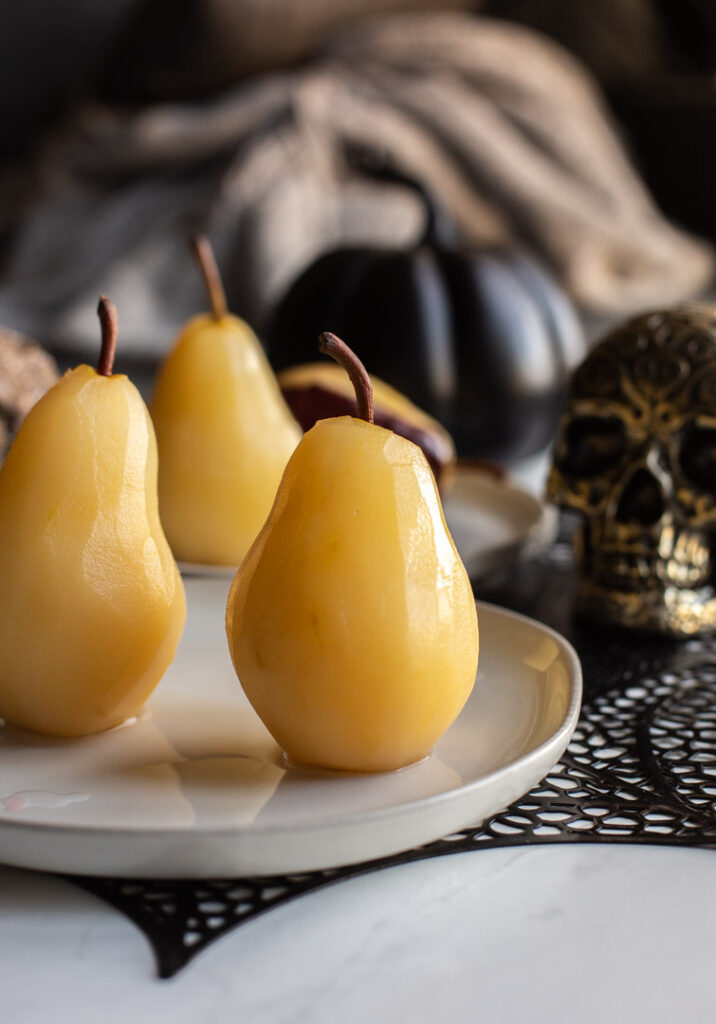 Easy Poached Pears with Bloody Red Velvet Sauce - Away From the Box